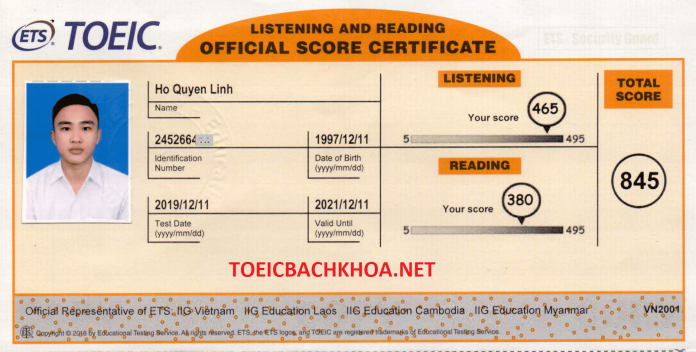 Chúc mừng Học viên Hồ Quyền Linh đạt TOEIC 845 | toeicbachkhoa.com