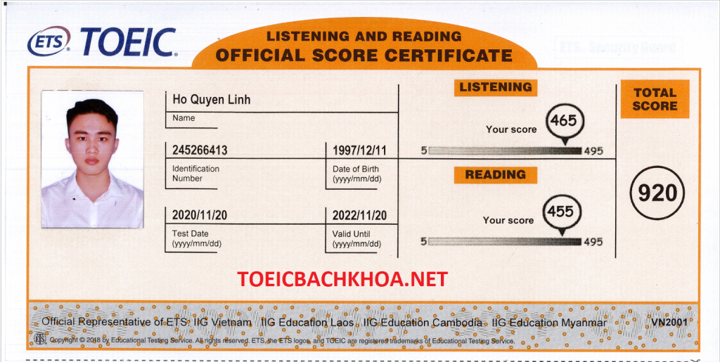 Chúc mừng Học viên Hồ Quyền Linh đạt 920 TOEIC | toeicbachkhoa.com