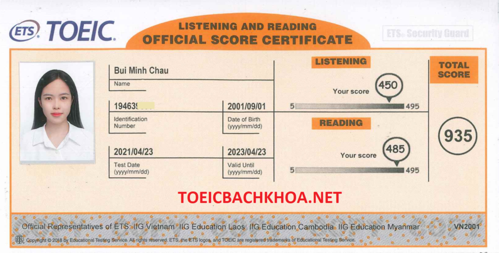 Chúc mừng học viên Bùi Minh Châu đạt TOEIC 935 | toeicbachkhoa.com
