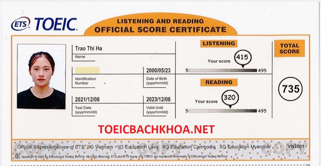 Chúc mừng học viên Trảo Thị Hạ đạt TOEIC 735 | toeicbachkhoa.com