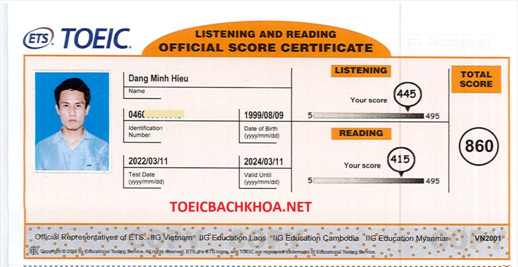 Chúc mừng Học viên Đặng Minh Hiếu đạt TOEIC 860 | toeicbachkhoa.com