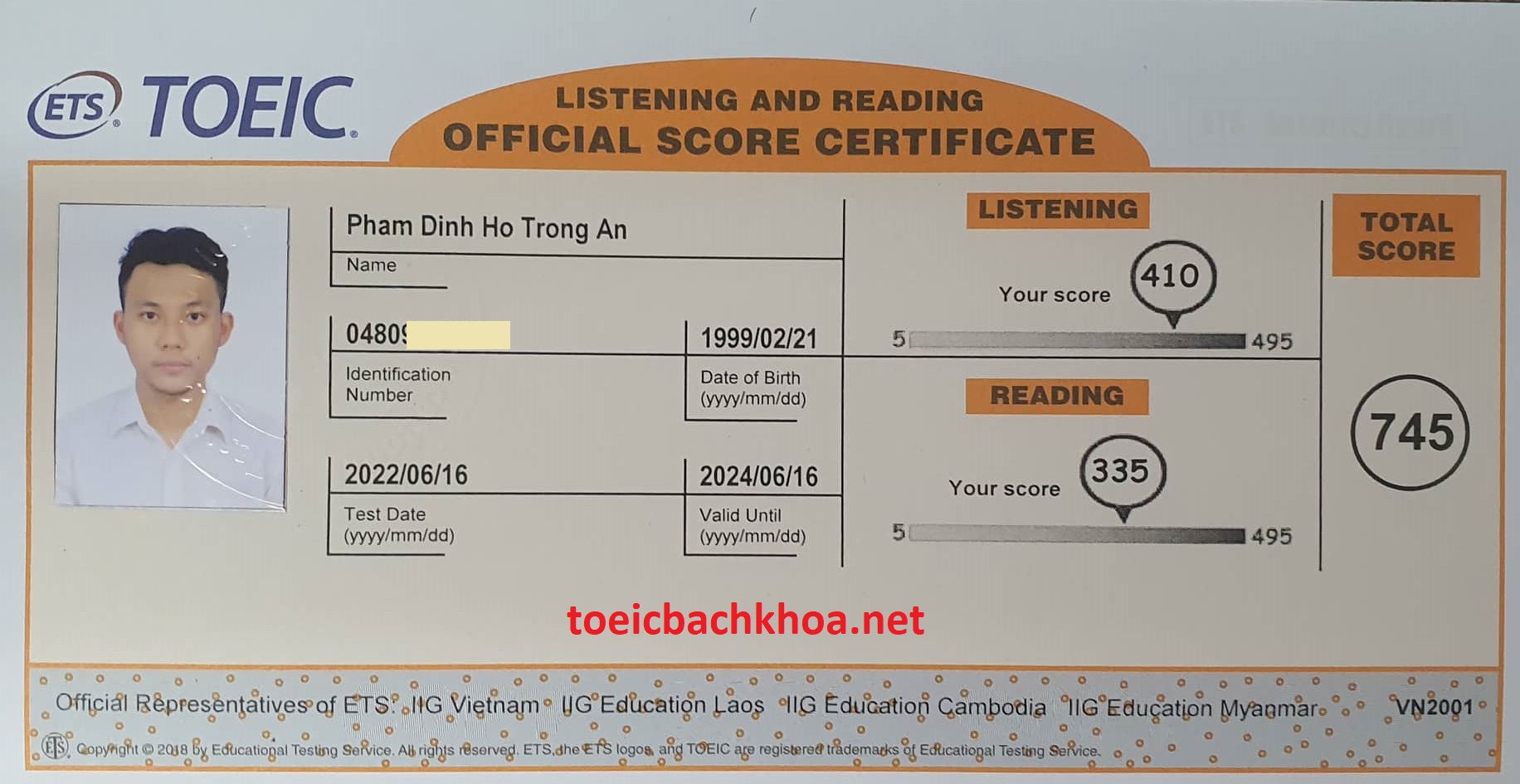 Chúc mừng Học viên Phạm Đình Hồ Trọng Ân đạt TOEIC 745 | toeicbachkhoa.com