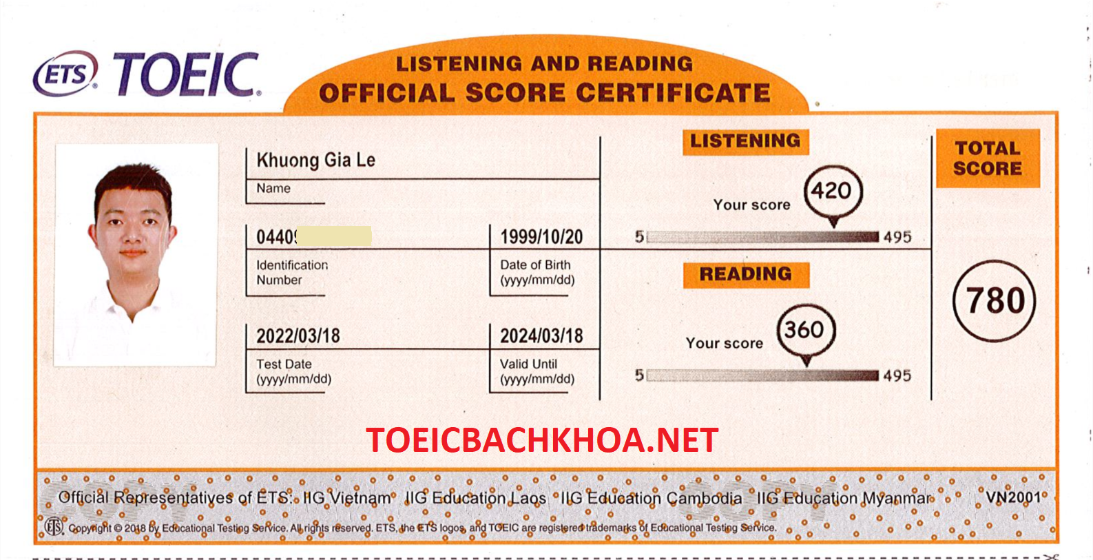 Chúc mừng Học viên Khương Gia Lễ đạt TOEIC 780 | toeicbachkhoa.com