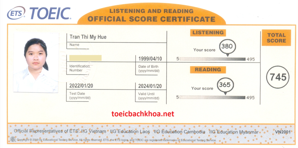 Chúc mừng Học viên Trần Thị Mỹ Huệ đạt TOEIC 745 | toeicbachkhoa.com