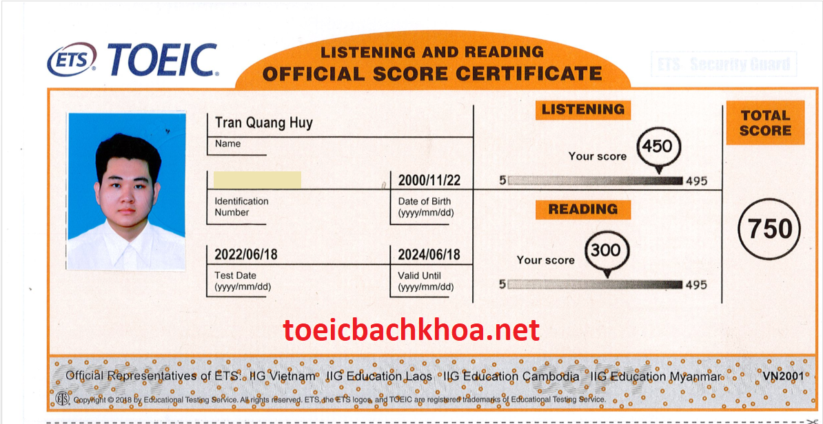 Chúc mừng Học viên Trần Quang Huy đạt TOEIC 750 | toeicbachkhoa.com