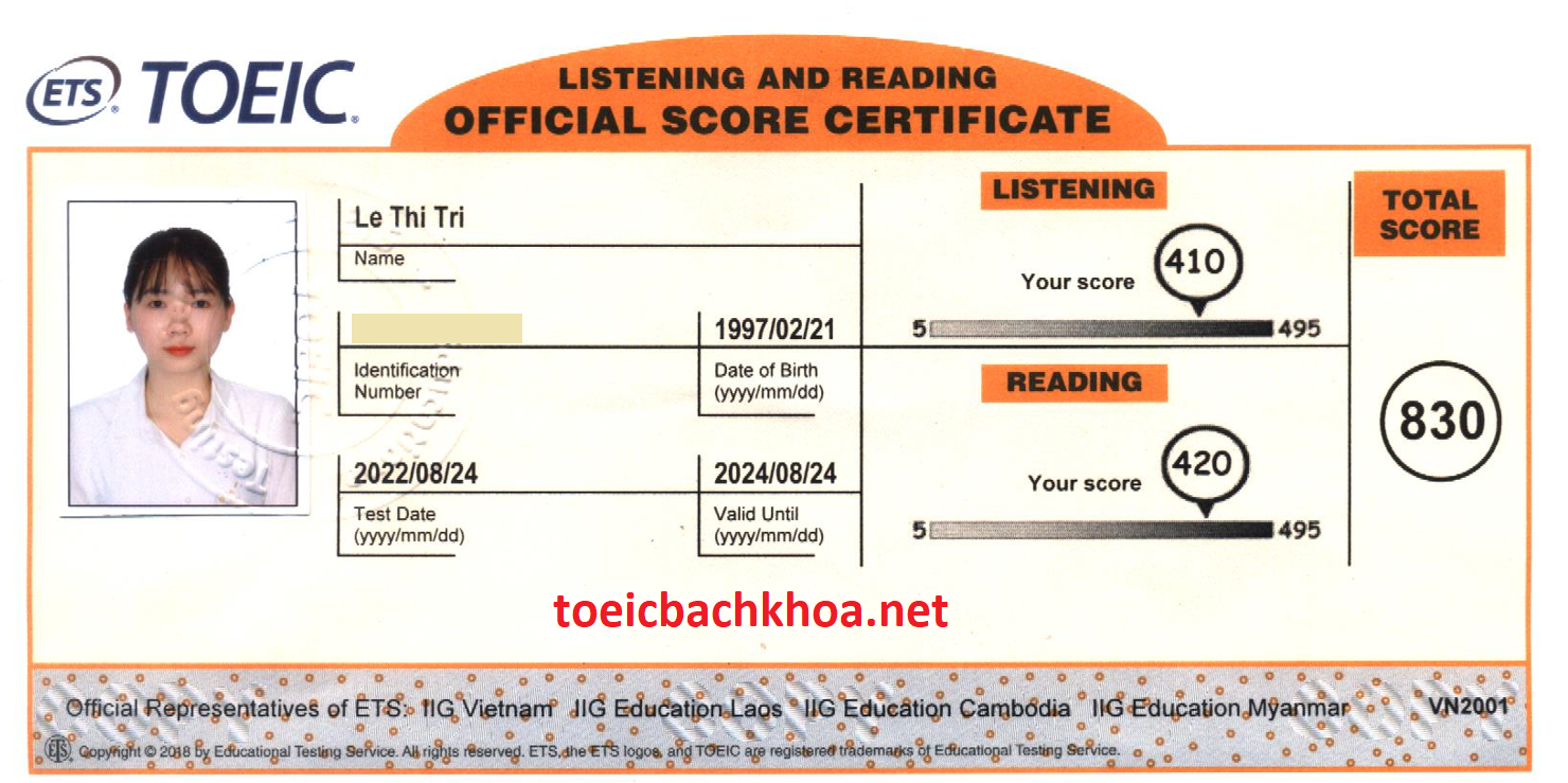 Chúc mừng Học viên Lê Thị Trí đạt TOEIC 830 | toeicbachkhoa.com