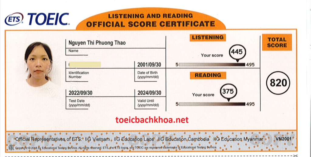 Chúc mừng Học viên Nguyễn Thị Phương Thảo đạt TOEIC 820 | toeicbachkhoa.com