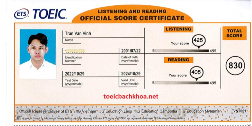 Chúc mừng Học viên Trần Văn Vinh đạt TOEIC 830 | toeicbachkhoa.com