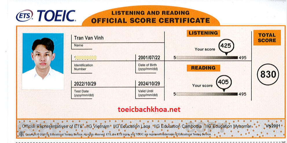 Chúc mừng Học viên Trần Văn Vinh đạt TOEIC 830 | toeicbachkhoa.com