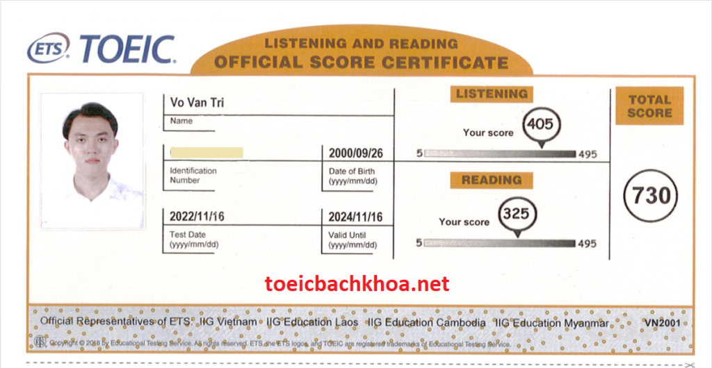 Chúc mừng Học viên Võ Văn Trí đạt TOEIC 730 | toeicbachkhoa.com