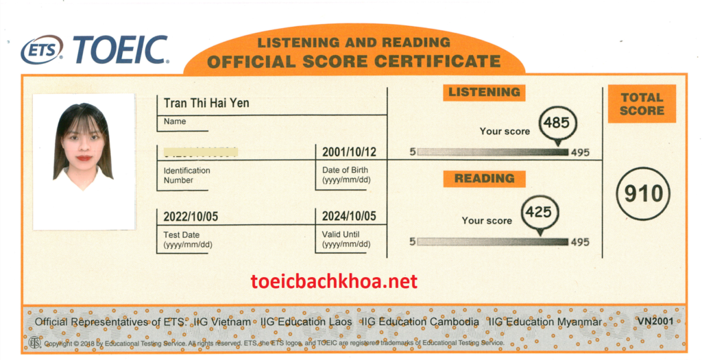 Chúc mừng Học viên Trần Thị Hải Yến đạt TOEIC 910 | toeicbachkhoa.com