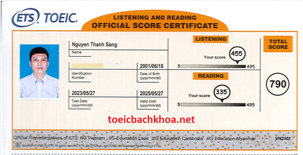 Chúc mừng Học viên Nguyễn Thanh Sang đạt TOEIC 790 | toeicbachkhoa.com