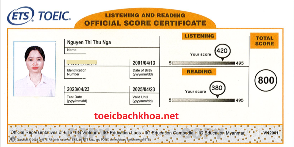 Chúc mừng Học viên Nguyễn Thị Thu Nga đạt TOEIC 800 | toeicbachkhoa.com