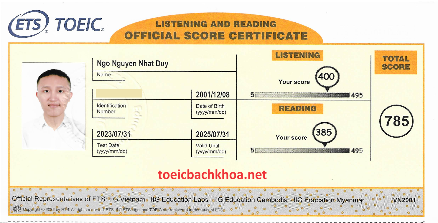 Chúc mừng Học viên Ngô Nguyễn Nhật Duy đạt TOEIC 785 | toeicbachkhoa.com
