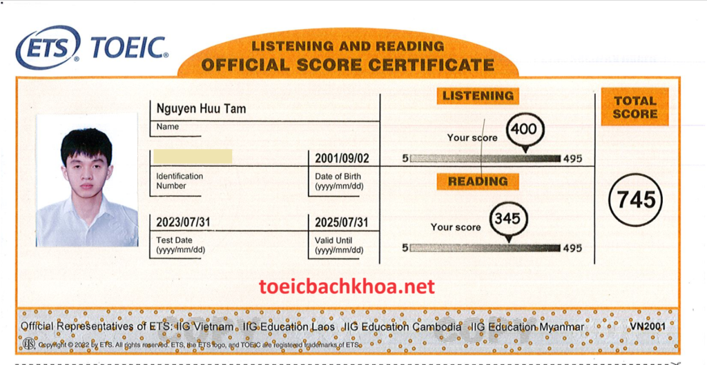 Chúc mừng Học Viên Nguyễn Hữu Tâm đạt TOEIC 745 | toeicbachkhoa.com