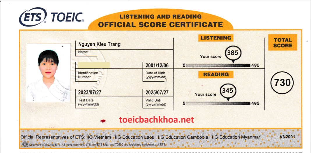 Chúc mừng Học viên Nguyễn Kiều Trang đạt TOEIC 730 | toeicbachkhoa.com