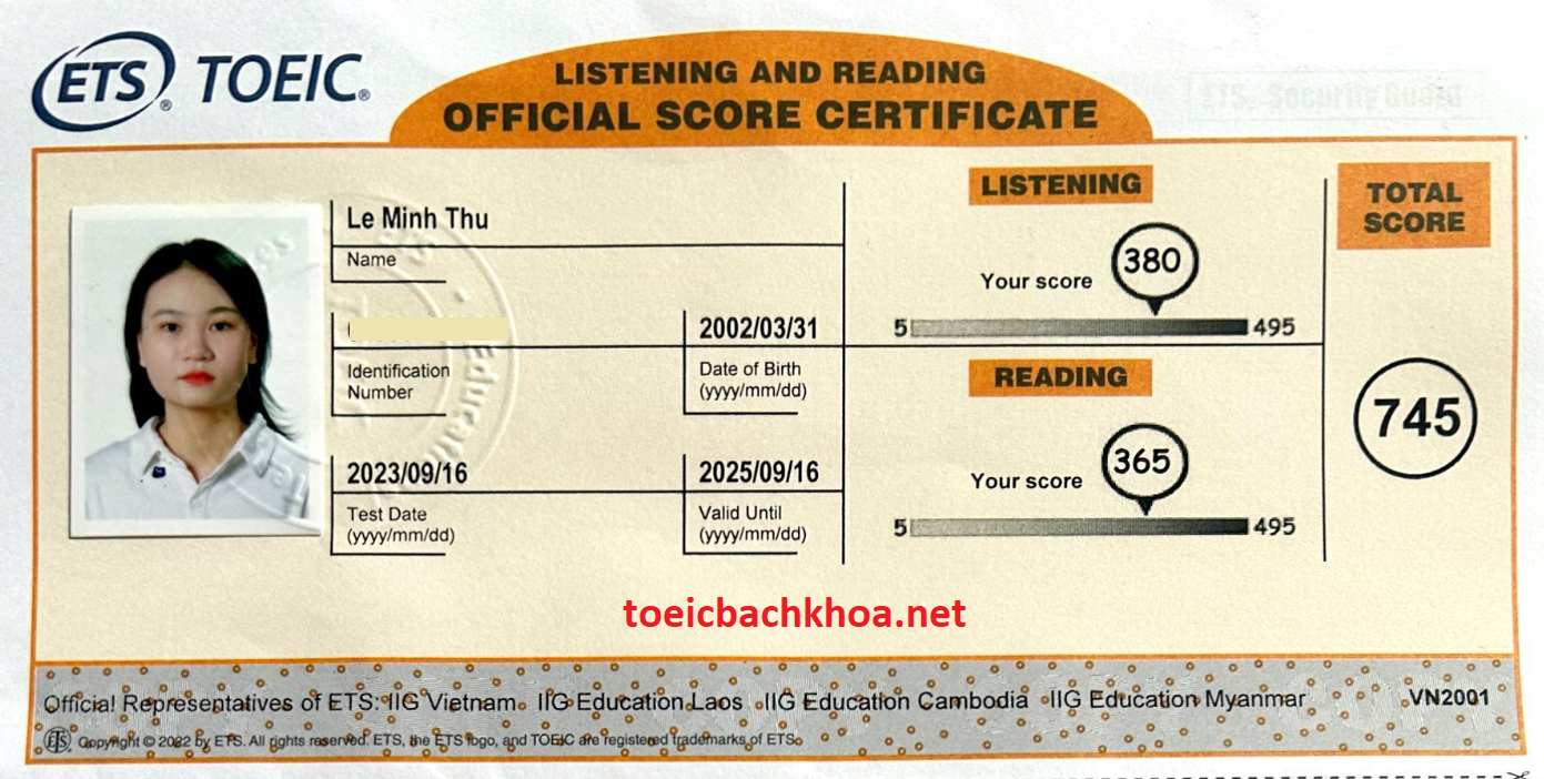 Chúc mừng Học viên Lê Minh Thư đạt TOEIC 745 | toeicbachkhoa.com